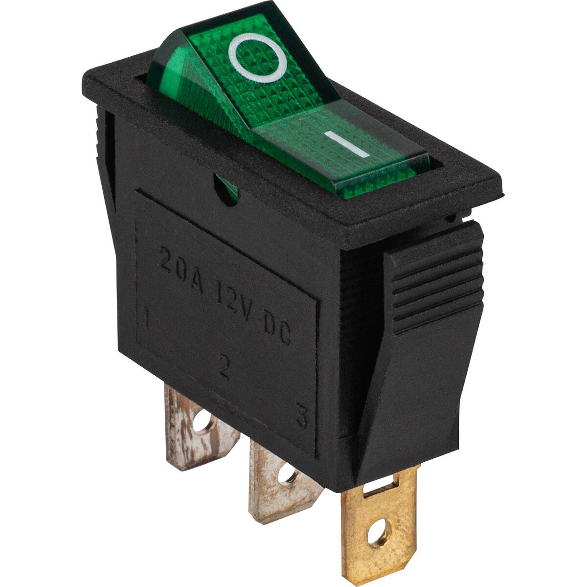 SPST Small Rocker Switch w/Green Illumination 12VDC