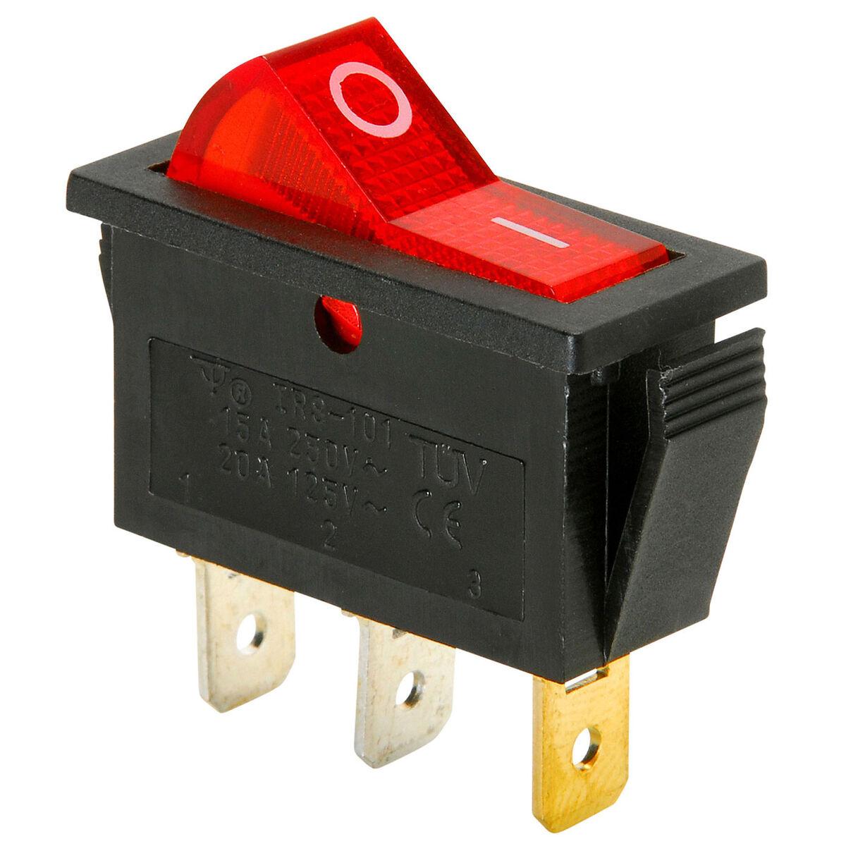 SPST Large Rocker Switch with Red Illumination 125VAC 20A