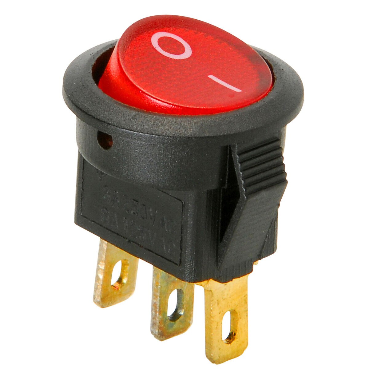 SPST Mini Round Rocker Switch w/Red Illumination 125VAC
