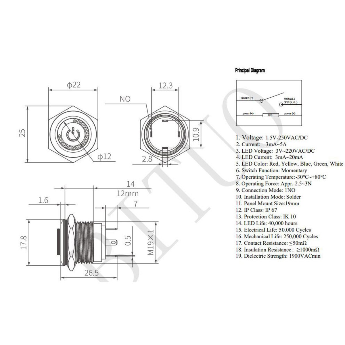 SPST NO Momentary Raised Push Button 19mm Stainless Steel Waterproof ...