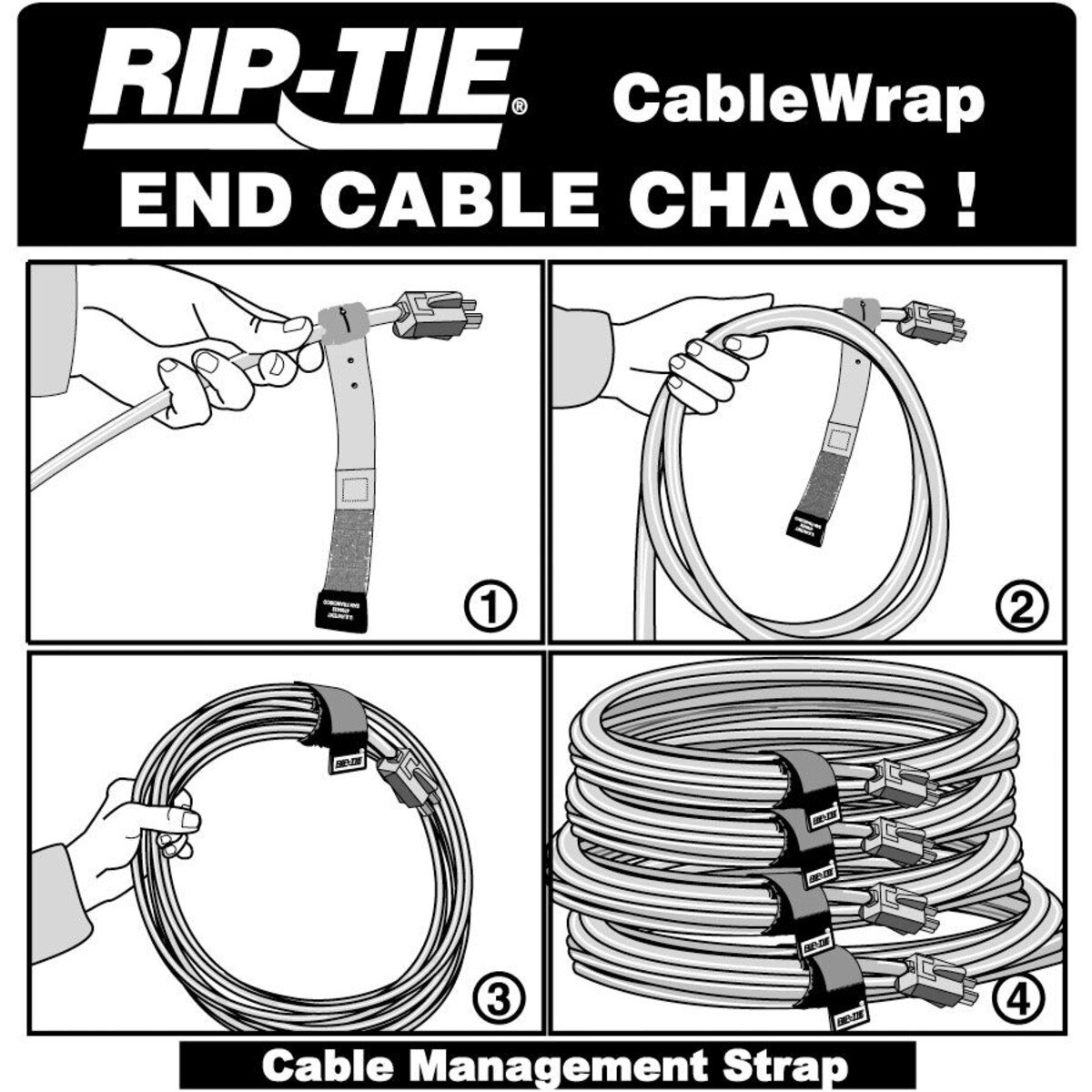 Rip-Tie 1" x 14" Cable Wrap Black Hook and Loop 10 pcs. H-14-010-BK