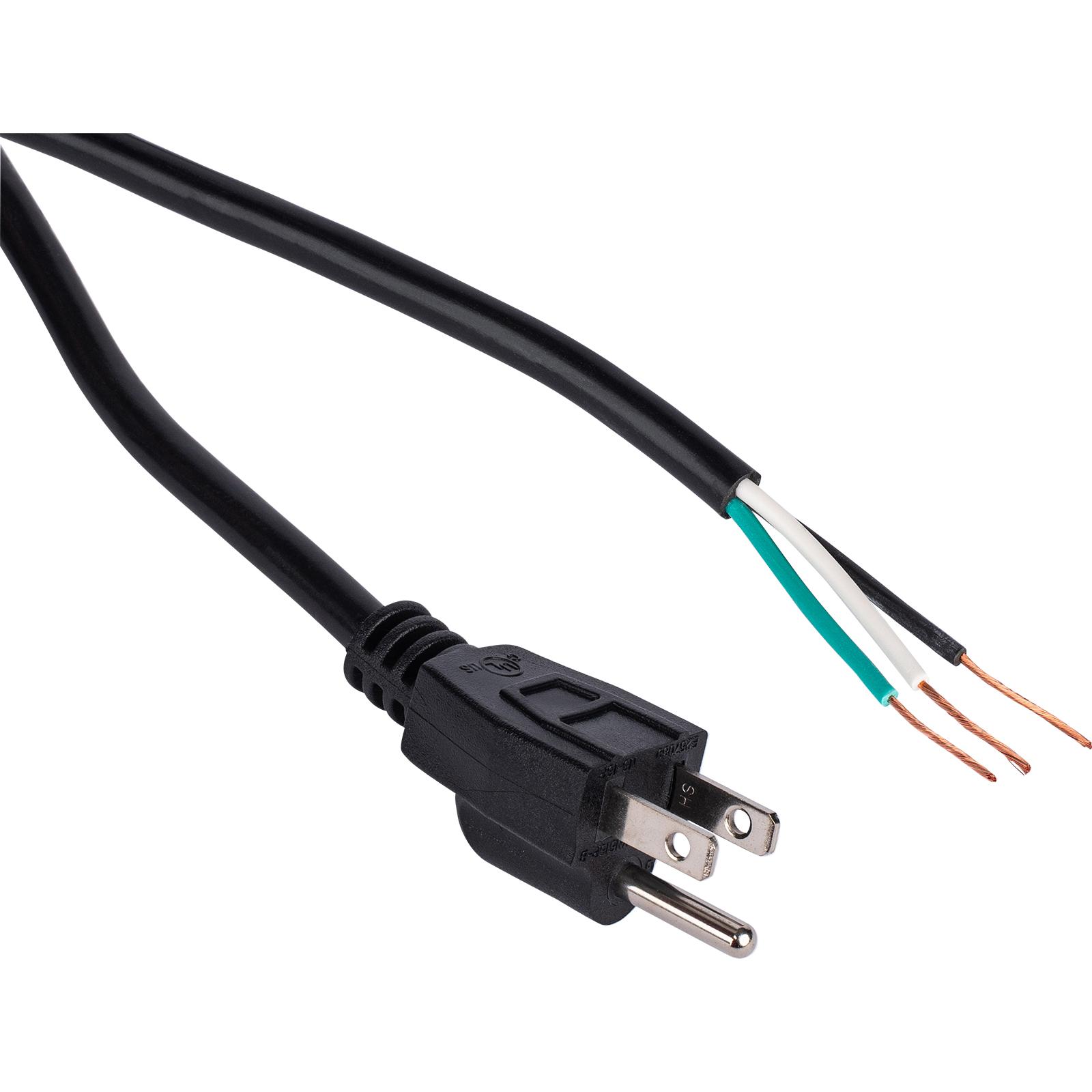 AC Power Cord NEMA 5-15P to Unterminated 18 AWG 3C SJT 300V Black 6 ft.