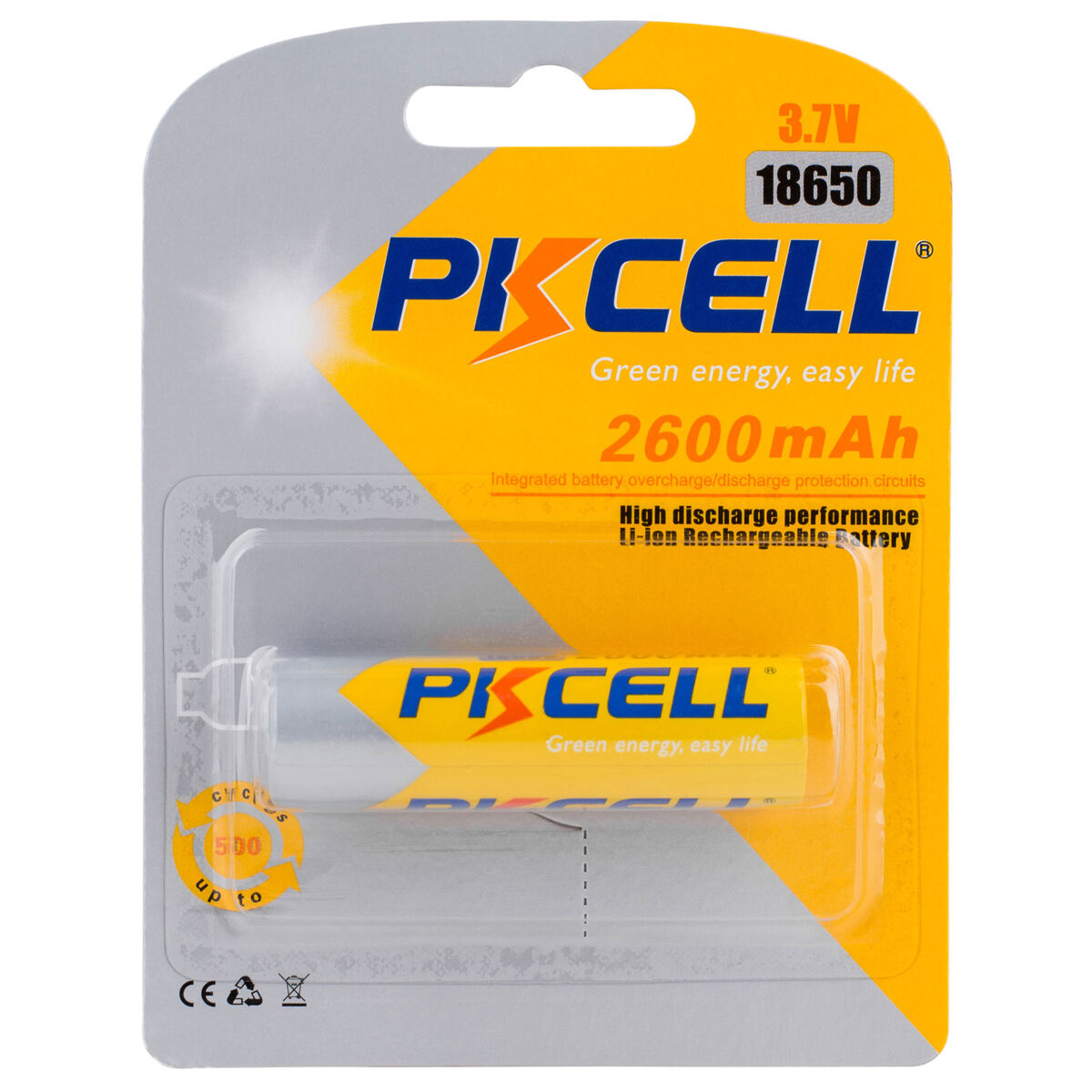 PKCELL Button Top 18650 3.7V 2600mAh Rechargeable Li-Ion Battery Short ...