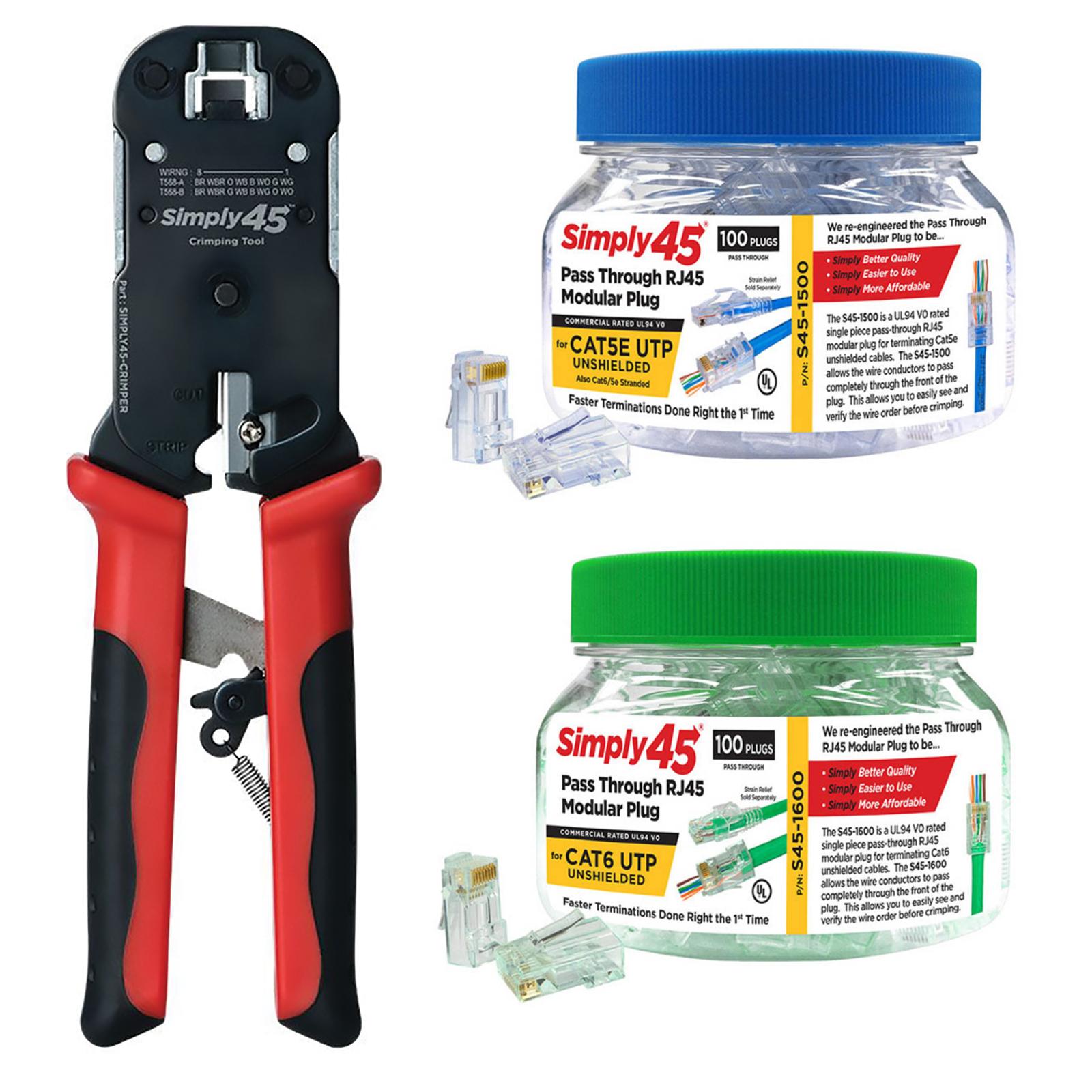 Simply45 Pass Through Ratcheted Crimper Kit with 100 Cat5e and 100 Cat6 ...